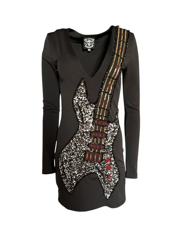 ANY OLD IRON Black / Red / Silver Beaded Guitar Long Sleeve Mini Dress - Black/red/silver