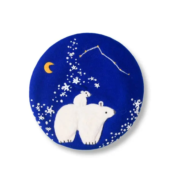 HEARTFELT LAYERS Polar Bear Constellation Beret Hand Felted Animal Themed Hat - Blue