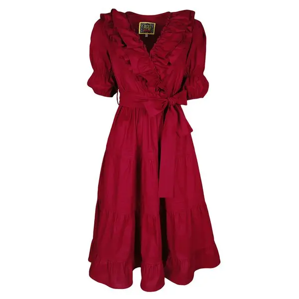 LALIPOP DESIGN Dark Cherry Double-breasted V-neck Cotton Dress With Ruffles - Red