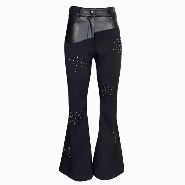 LALIPOP DESIGN Vegan Leather Detailed Trim Flared Pants With Stud Embellished Stars - Black