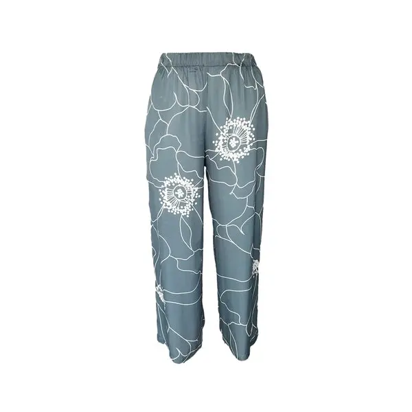 Haris Cotton Printed Satin Elastic Waist Pants Peonies - Blue