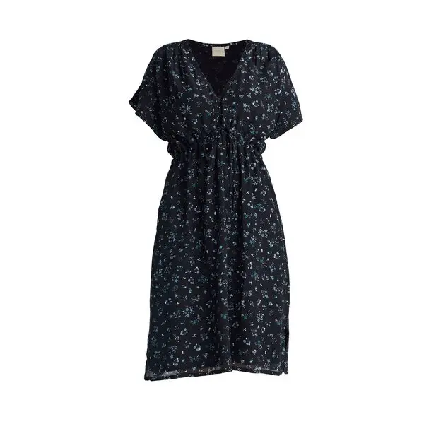 REISTOR Gathered Knee-length Dress In Dark Florals - Blue