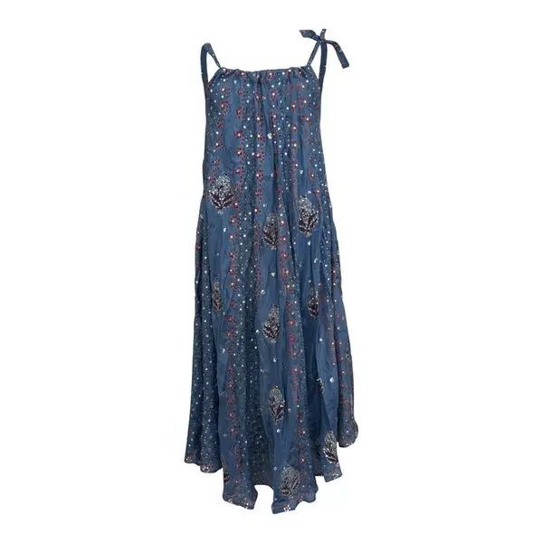 JOSHI Silk Beaded Denim Tie Shoulder Dress - Blue