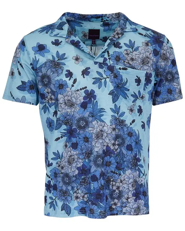 LORDS OF HARLECH Bobby Valencia Floral Merino Jersey Collared Shirt Teal - Blue