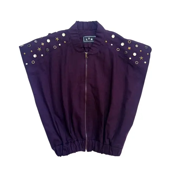 L2R THE LABEL Studded Burgundy Sleeveless Bomber Jacket - Red