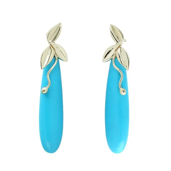 ARTISAN White / Blue 14k Yellow Gold Sleeping Beauty Turquoise Drop Leaf Earrings - White/blue