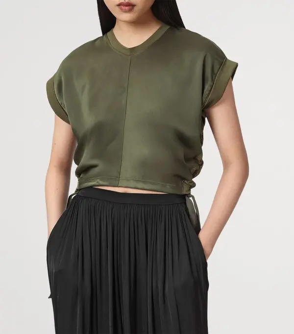 ALLSAINTS Satin Mira Cropped T-shirt With Drawcords - Green
