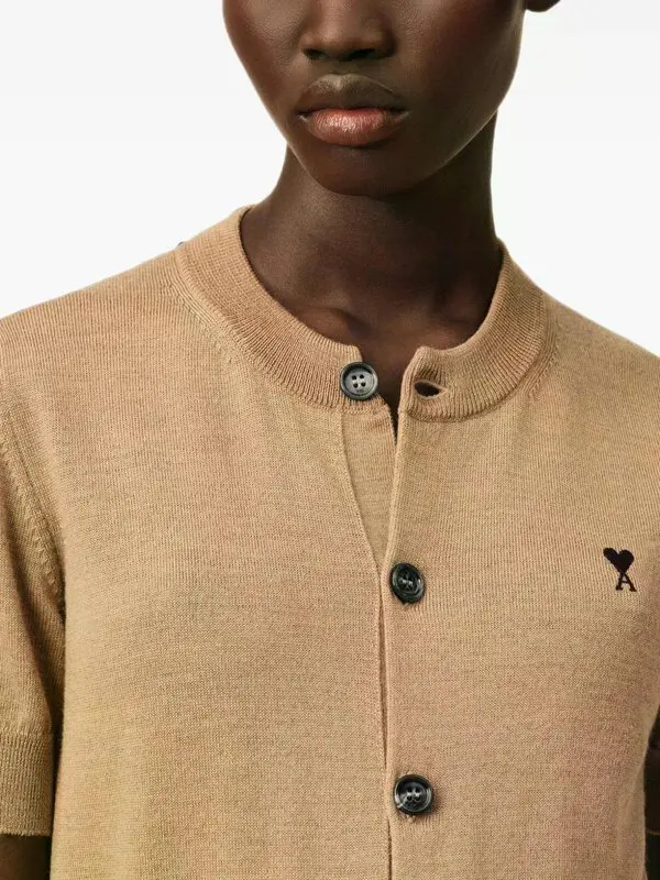 AMI Paris Wool Short-sleeve Cardigan With De Coeur Embroidery