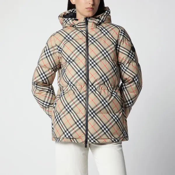 Burberry Hooded Check Nylon Puffer Jacket - Beige