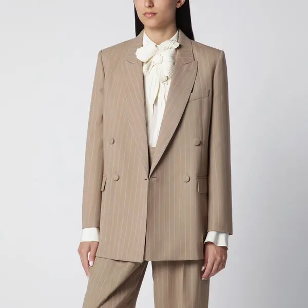 Valentino Garavani Double-breasted Pinstripe Jacket In Mud/ivory Virgin Wool - Beige