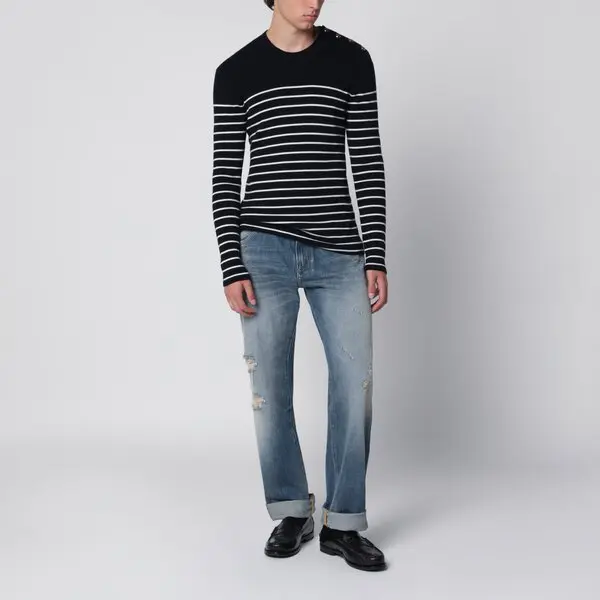Dolce & Gabbana Blue/white Striped Wool Sweater With Buttons