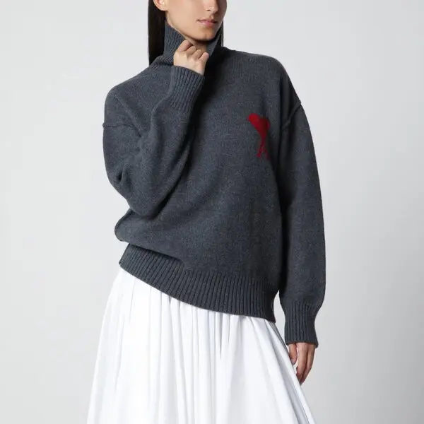 AMI Paris De Coeur Sweater In Mélange Merino Wool Knit - Grey