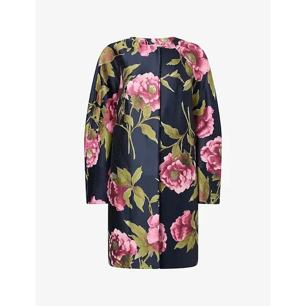 Carolina Herrera Floral-print Collarless Satin Cocoon Coat - Midnight Multi