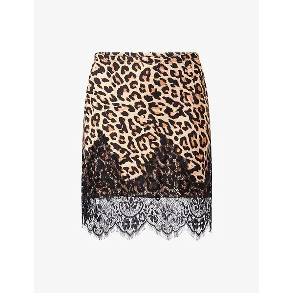 NEVER FULLY DRESSED Animal-pattern Lace Maeva Satin Mini Skirt - Leopard