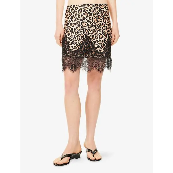 NEVER FULLY DRESSED Animal-pattern Lace Maeva Satin Mini Skirt