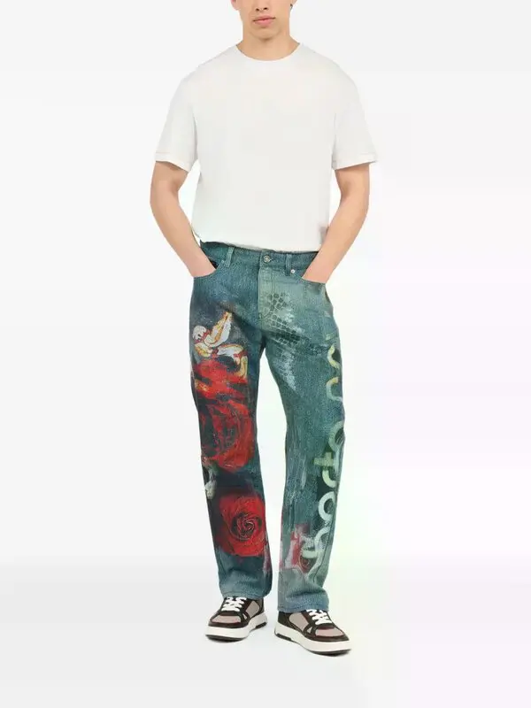 Roberto Cavalli Rose-print Cotton Jeans - Blue