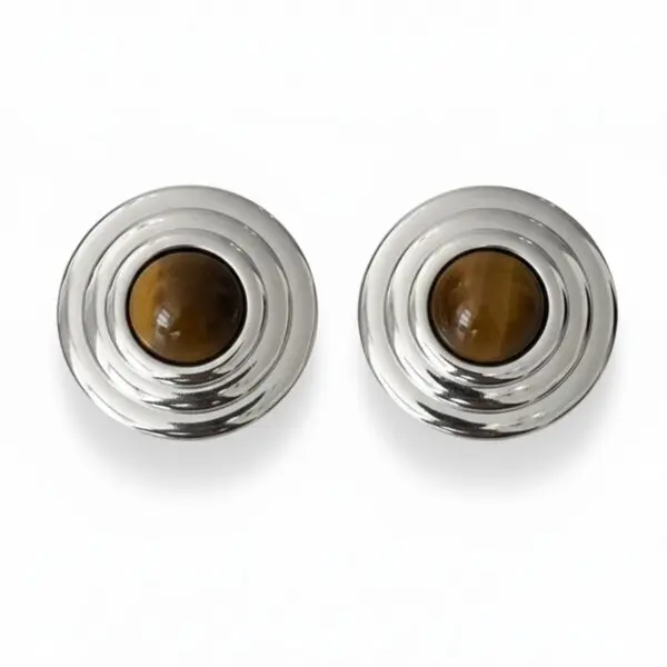 LATELITA Brown / Silver Como Large Round Stud Earrings Tigers Eye Silver - Brown/silver