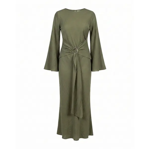 TANTRA SPAIN SL Long Fitted Dress With Long Sleeves And Adjustable Metallic Hoop Waistband Kakhi - Green