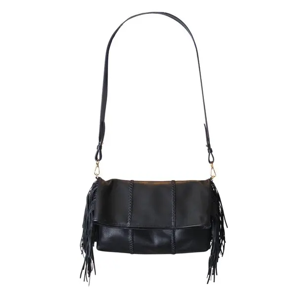 Carlos Falchi Fringe Leather Crossbody Messenger Bag Obsidian - Black