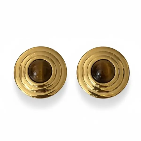 LATELITA Brown / Gold Como Large Round Stud Earrings Tigers Eye Gold - Brown/gold