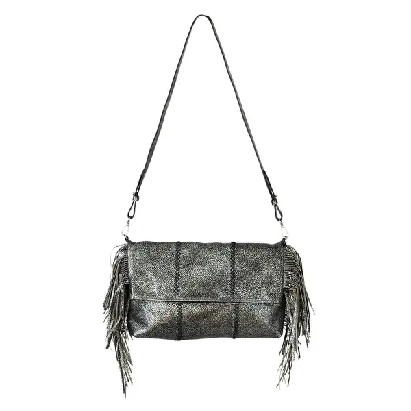 Carlos Falchi Fringe Leather Crossbody Messenger Bag Roman Chrome - Silver