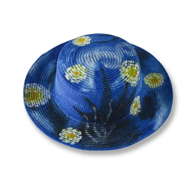 HEARTFELT LAYERS Van Gogh Starry Night Sun Hat – Hand-painted Straw Impressionist Art - Blue