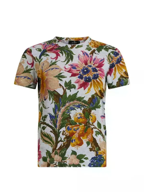 Etro Cotton-jersey T-shirt With Floral-motif - Grey