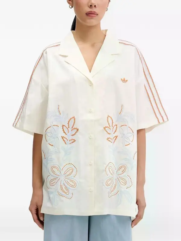 Adidas Embroidered Floral Resort Shirt - Neutrals