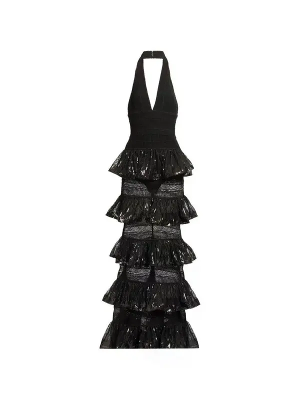 Elie Saab Sequin-embellished Ruffled Maxi Dress - Black