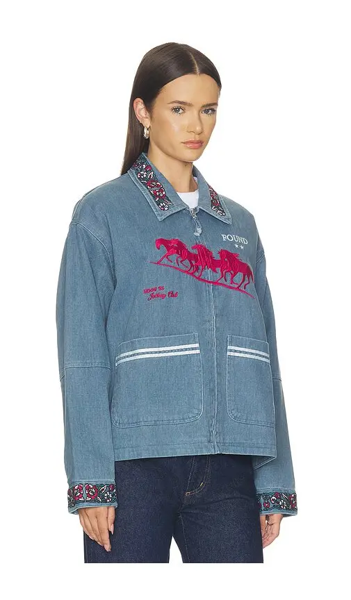 FOUND Jockey Club Embroidered Denim Jacket - Blue