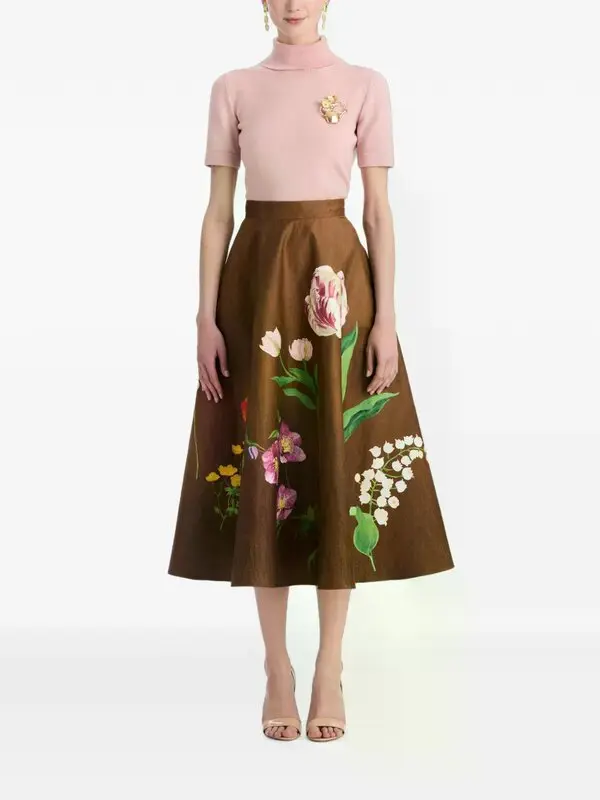 Oscar De La Renta Botanical Print Midi Skirt