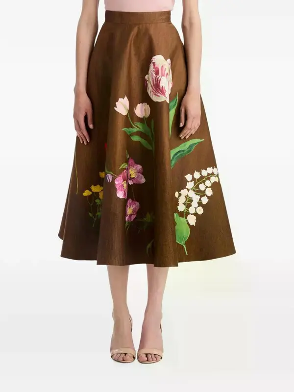 Oscar De La Renta Botanical Print Midi Skirt