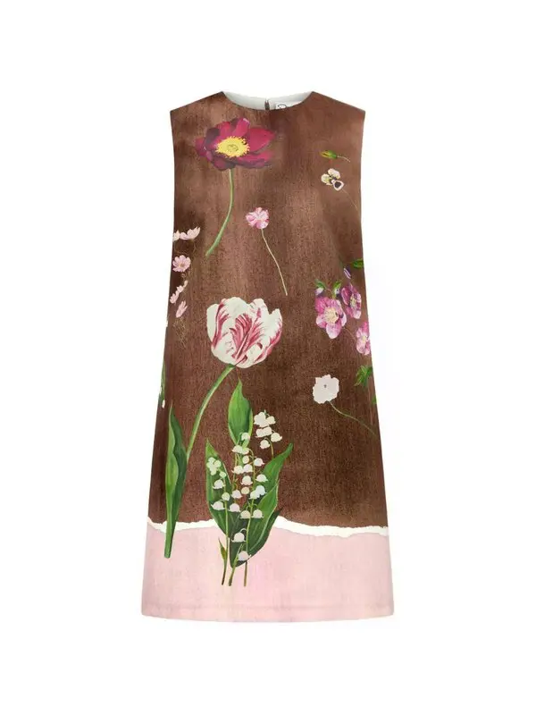 Oscar De La Renta Botanical-print Shift Mini Dress - Brown