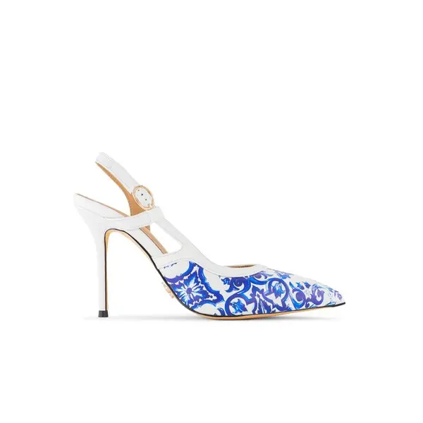 SUBASHINI HEELS White / Blue Luna Velluto Porcelain Slingback Stiletto - White/blue