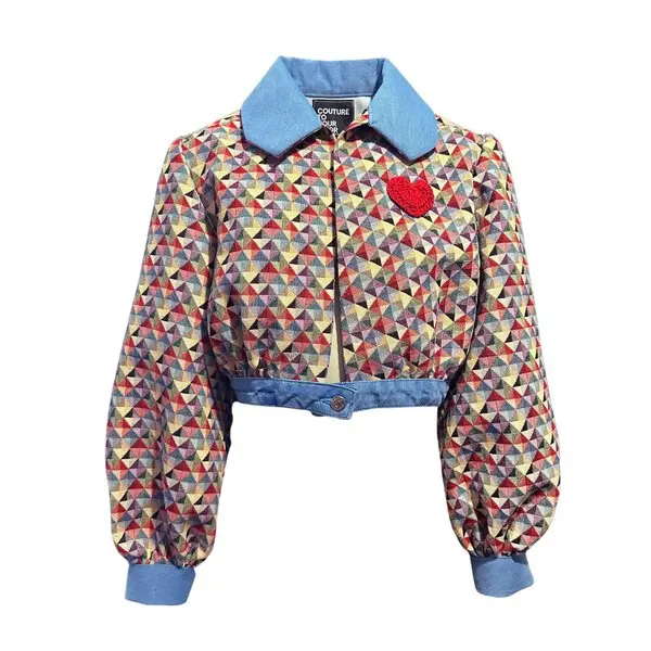 COUTURE TO YOUR DOOR Geometric Tapestry Cropped Bomber Jacket - Blue