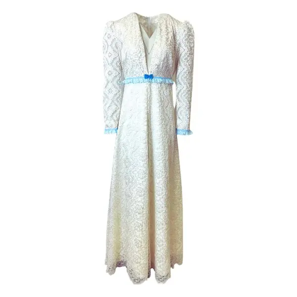 COUTURE TO YOUR DOOR Blue / Neutrals / White Ivory Boho Lace Wedding Party Dress - Blue/white