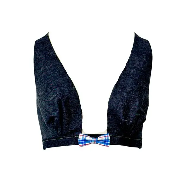 COUTURE TO YOUR DOOR Blue / White Denim Cropped Top With Mini Bow Tie - Blue/white