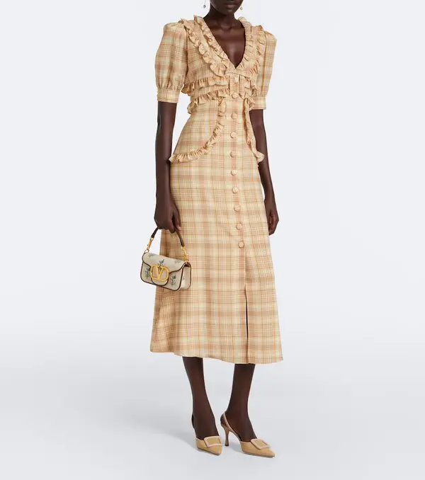 Alessandra Rich Ruffled Plaid Silk Midi Dress