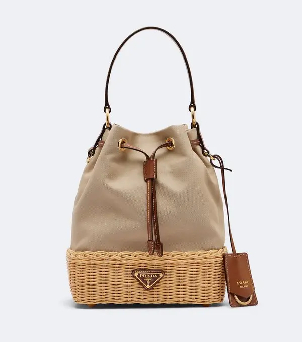 Prada Canvas And Wicker Bucket Bag - Beige