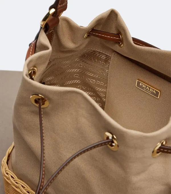 Prada Canvas And Wicker Bucket Bag