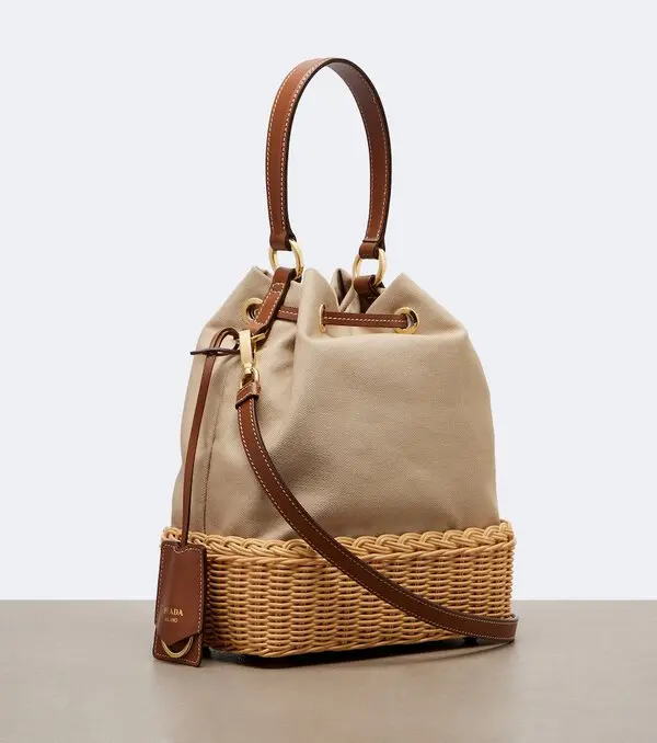Prada Canvas And Wicker Bucket Bag