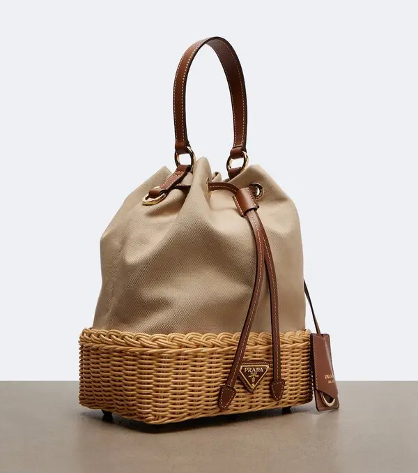 Prada Canvas And Wicker Bucket Bag