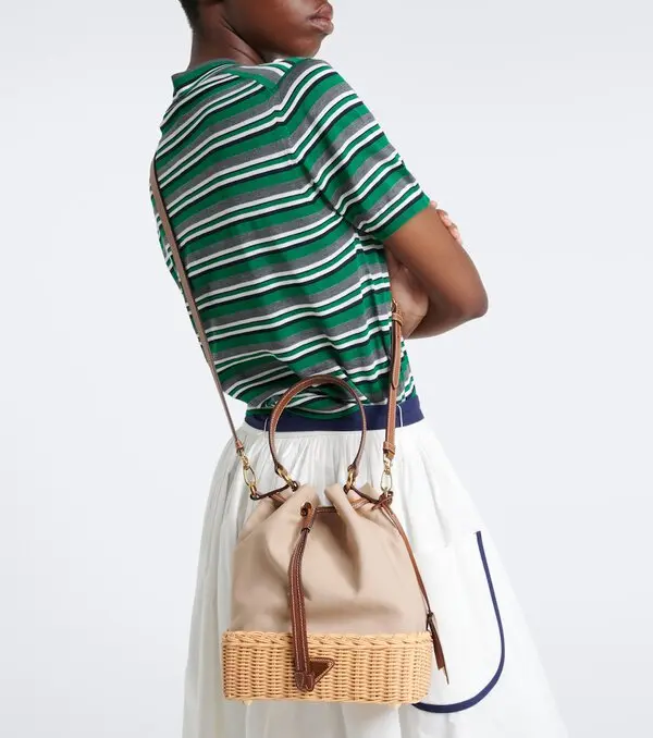 Prada Canvas And Wicker Bucket Bag