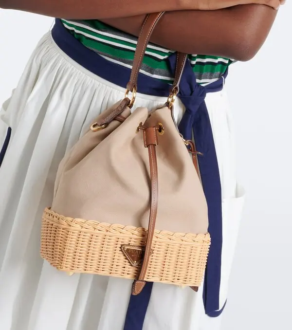Prada Canvas And Wicker Bucket Bag