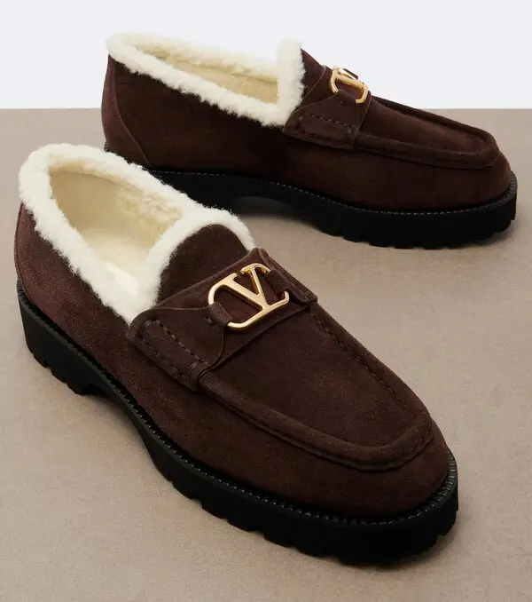 Valentino Garavani Vlogo Shearling-trimmed Suede Platform Loafers
