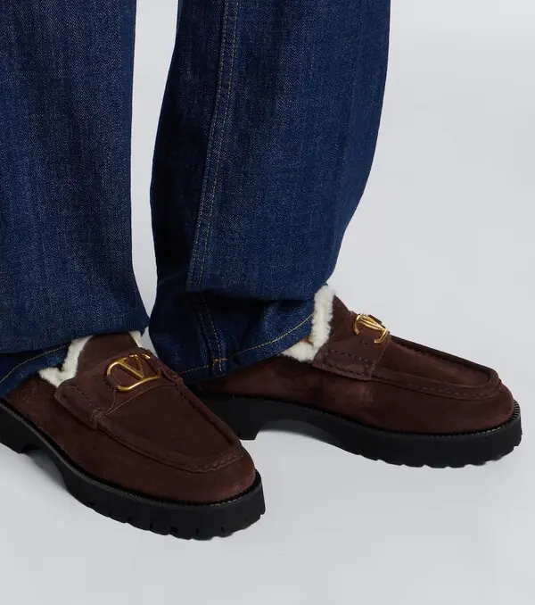 Valentino Garavani Vlogo Shearling-trimmed Suede Platform Loafers