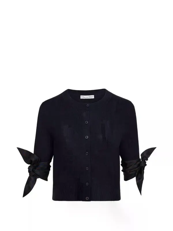 Oscar De La Renta Argyle Tie-detailed Short-sleeved Cropped Cardigan - Blue