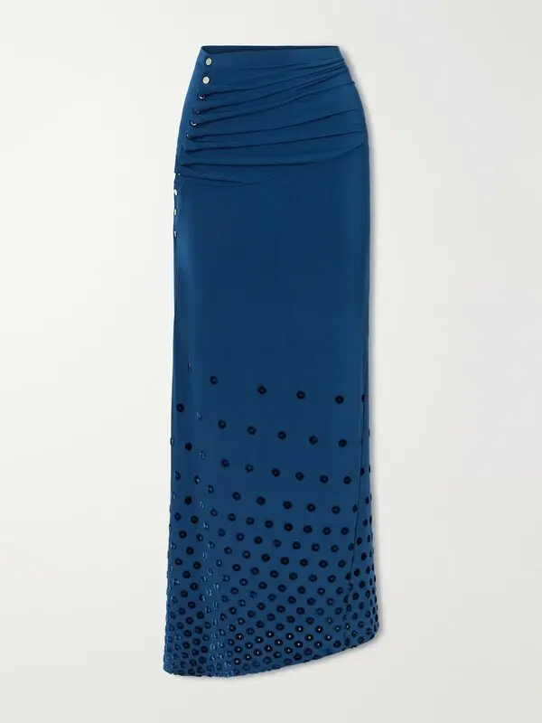 Rabanne Gathered Flocked Jersey Maxi Skirt - Blue