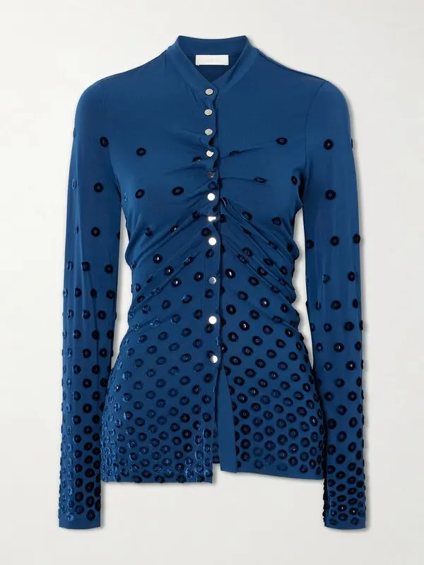 Rabanne Gathered Flocked Jersey Blouse - Blue