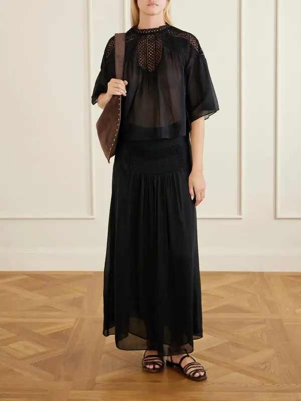 MARANT ETOILE Pylka Embroidered Crepon Midi Skirt - Black